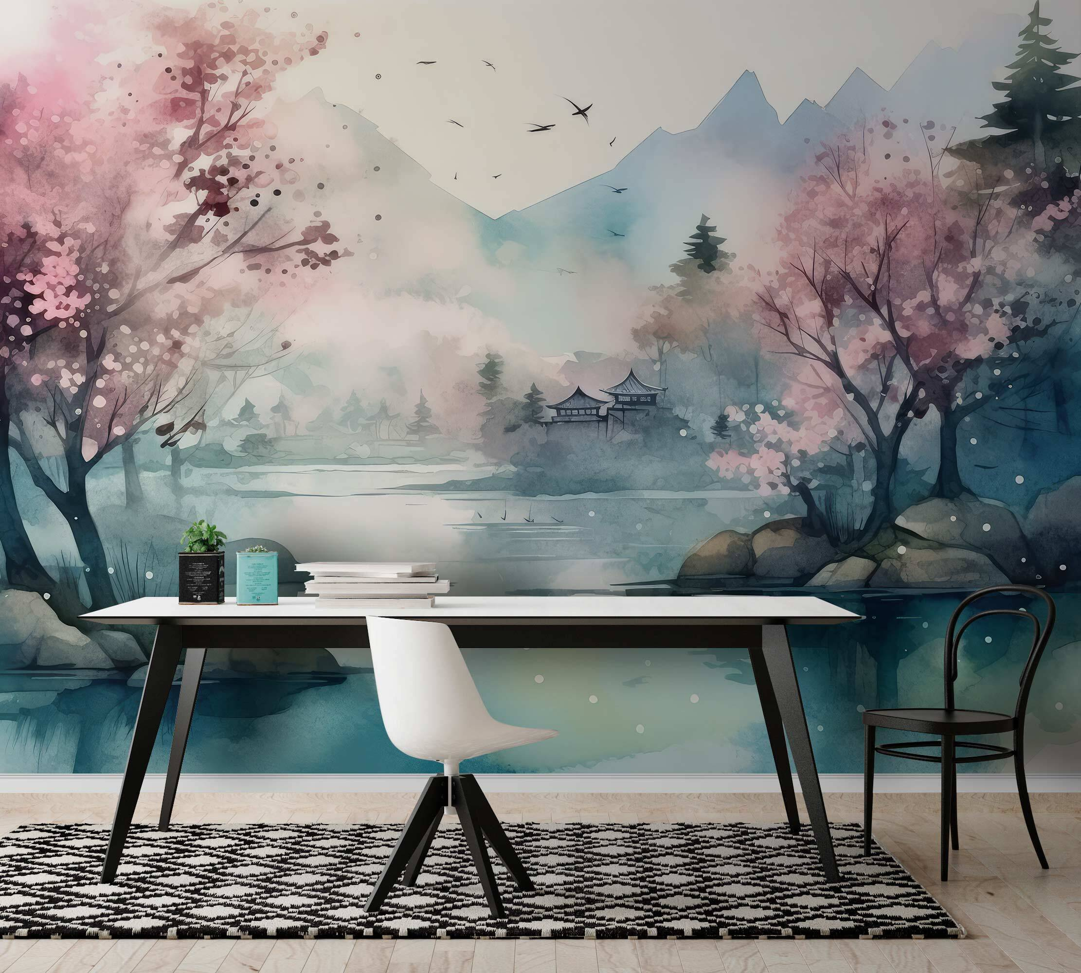 Wall murals Watercolor painting of a lake with trees and mountains ...